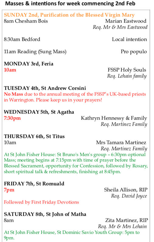 Reading Mass Times 2nd – 15th February - FSSP UK