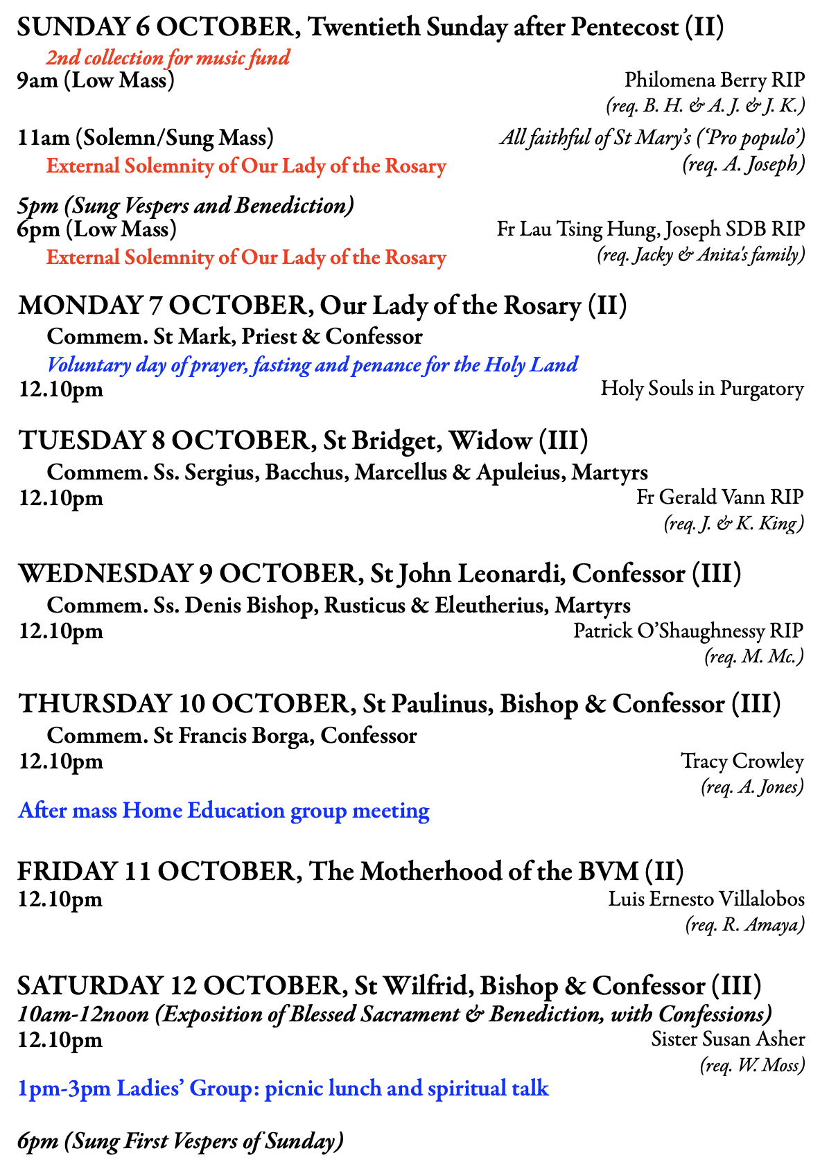 St Mary’s Shrine Bulletin, 6-19 October 2024 - FSSP UK
