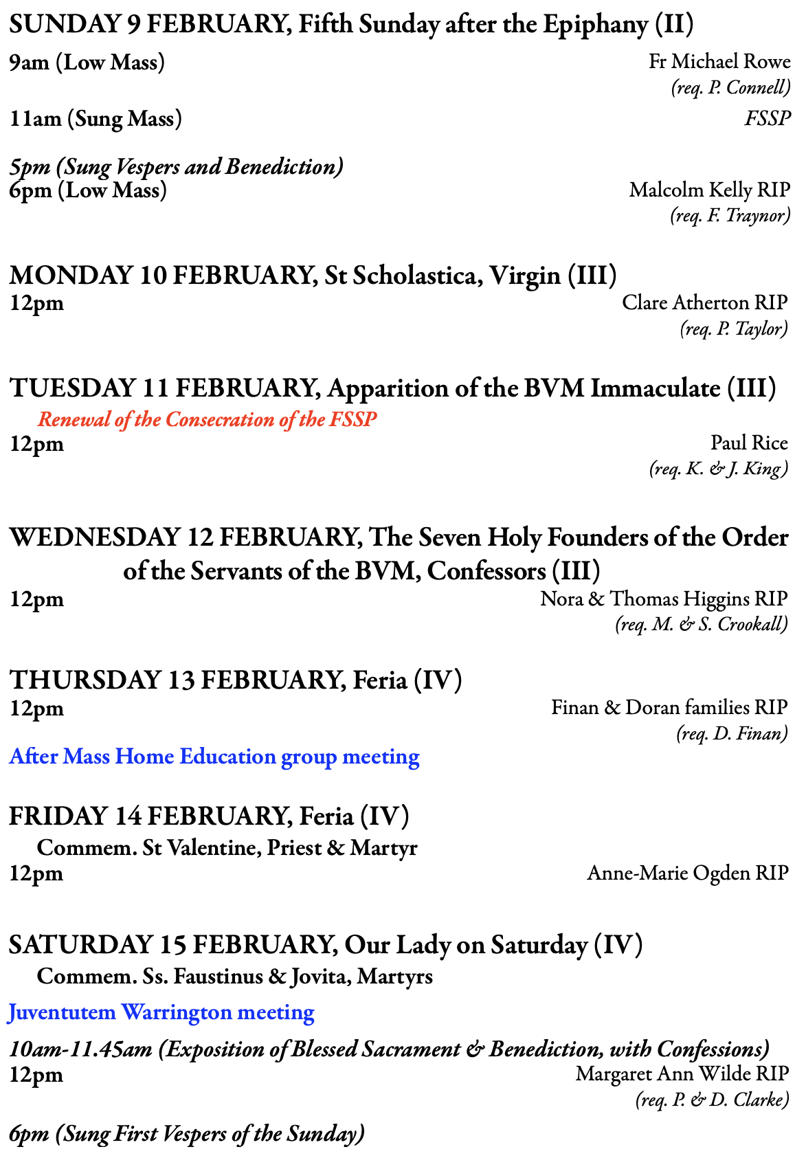 St Mary’s Shrine Bulletin, 9-22 February 2025 - FSSP UK
