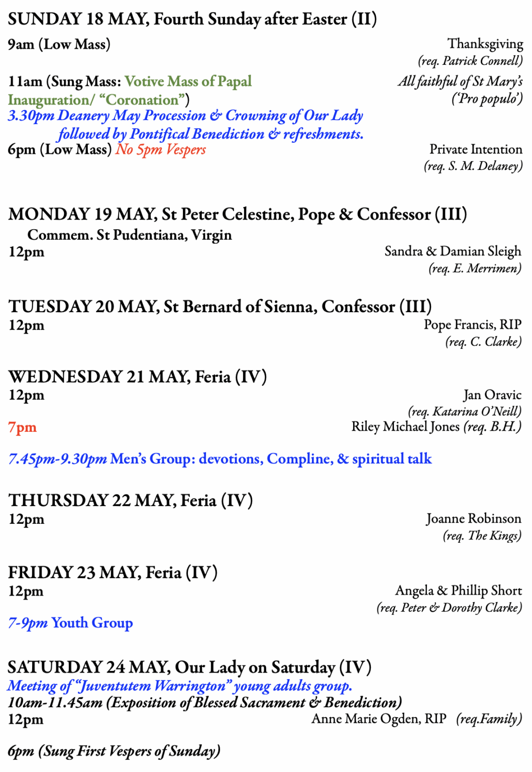 St Mary’s Shrine Bulletin, 18-31 May 2025 - FSSP UK